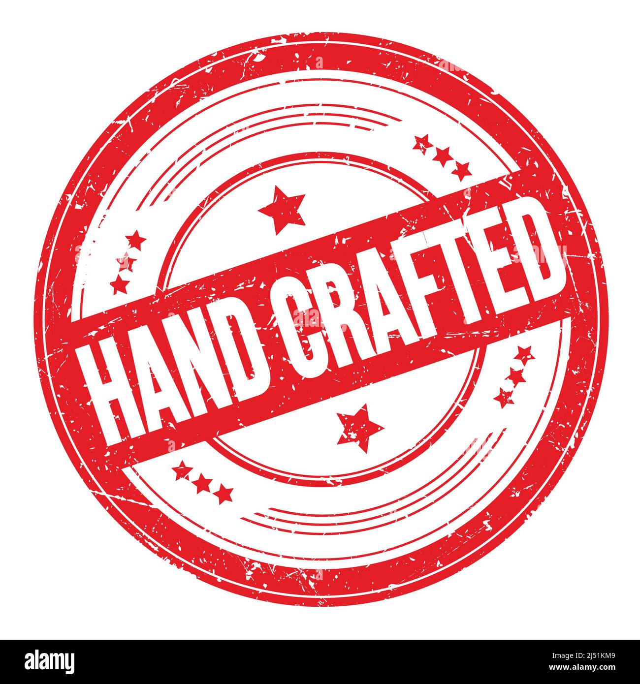 HAND CRAFTED text on red round grungy texture stamp Stock Photo - Alamy