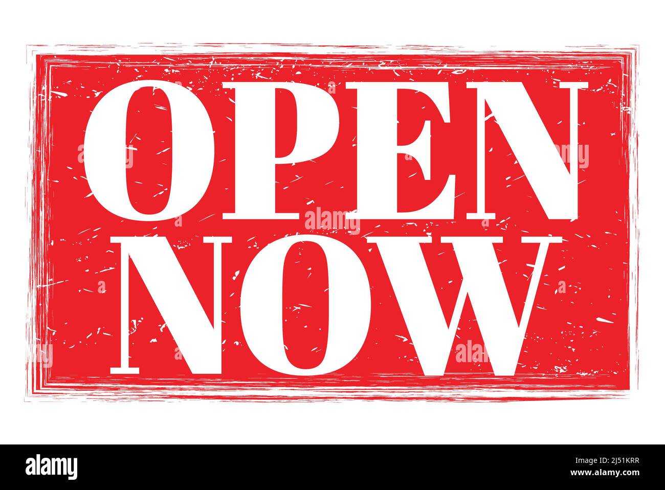 OPEN NOW, words written on red grungy stamp sign Stock Photo - Alamy