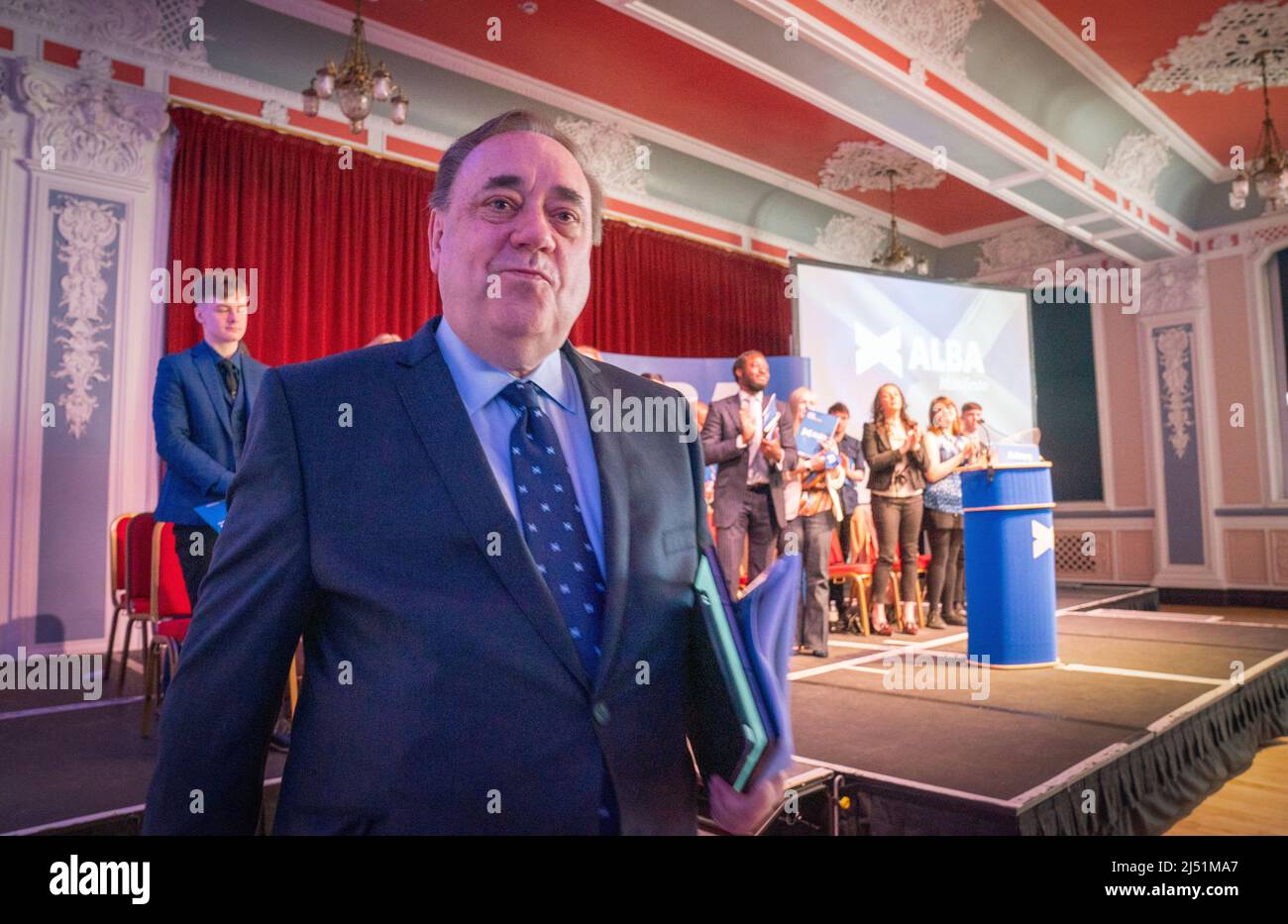 Alba leader Alex Salmond leaves the stage after delivering his speech ...