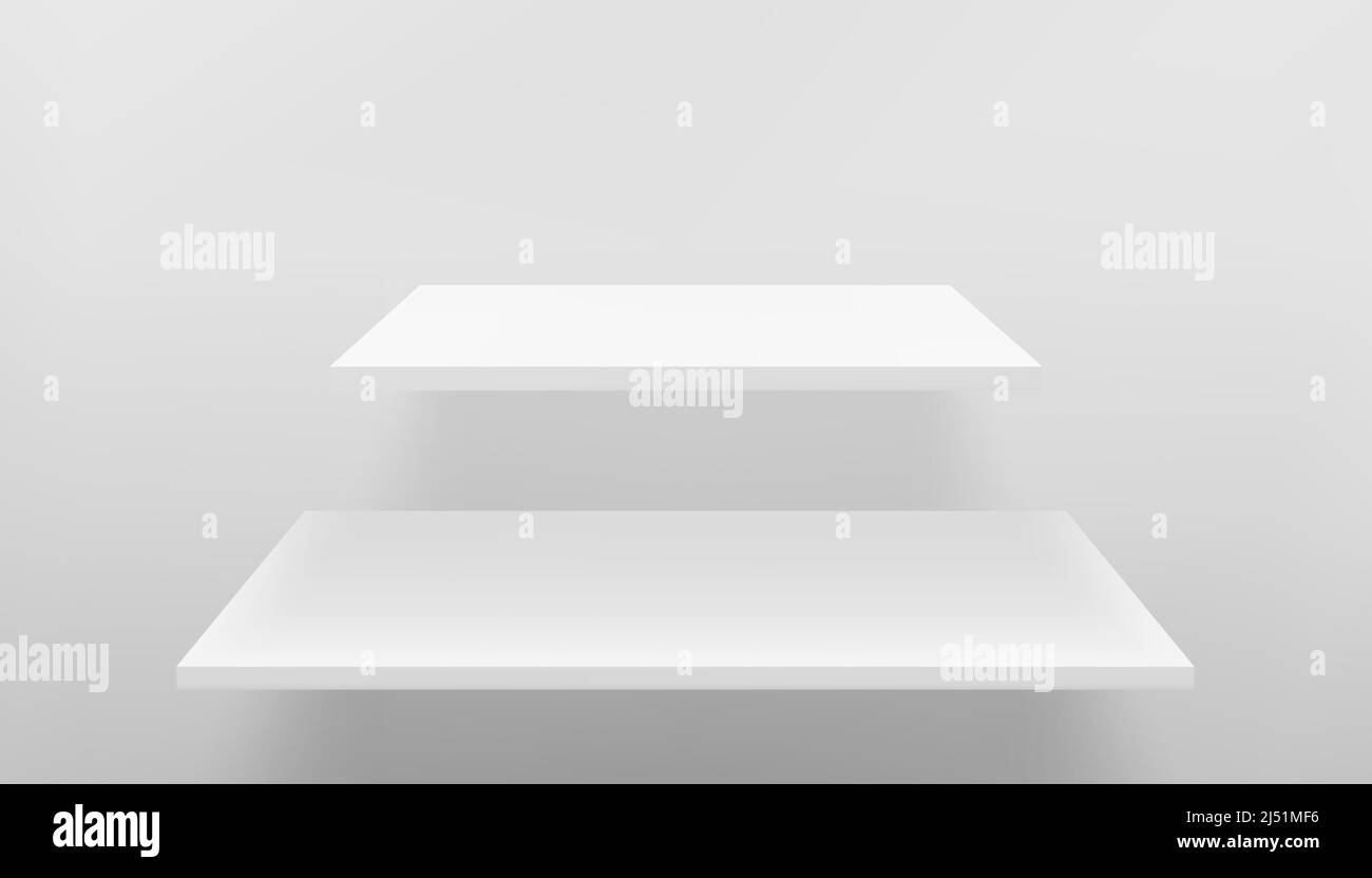 Two white empty book shelves on the wall. Bookshelves on light ...