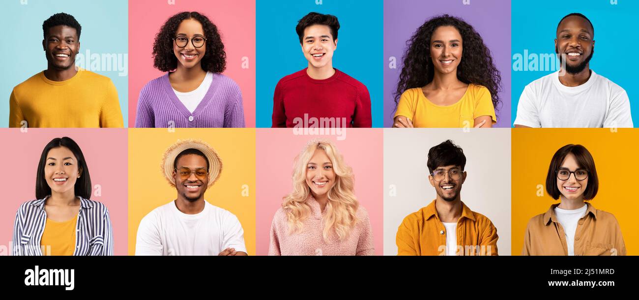 Mosaic With Portraits Of Happy Multicultural People Posing Over ...