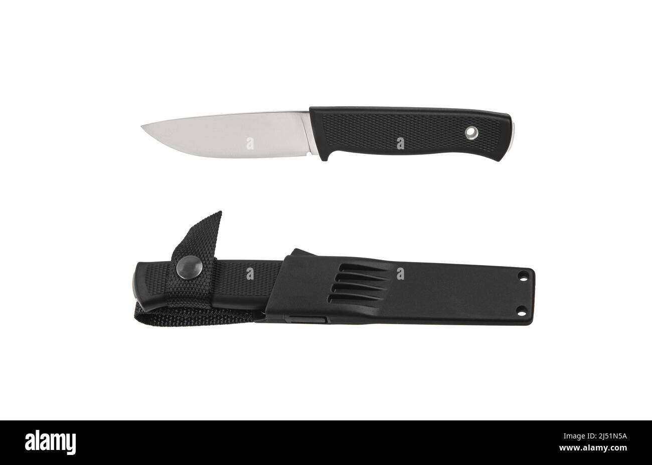Modern hunting knife with silver blade and rubber handle. Steel arms ...