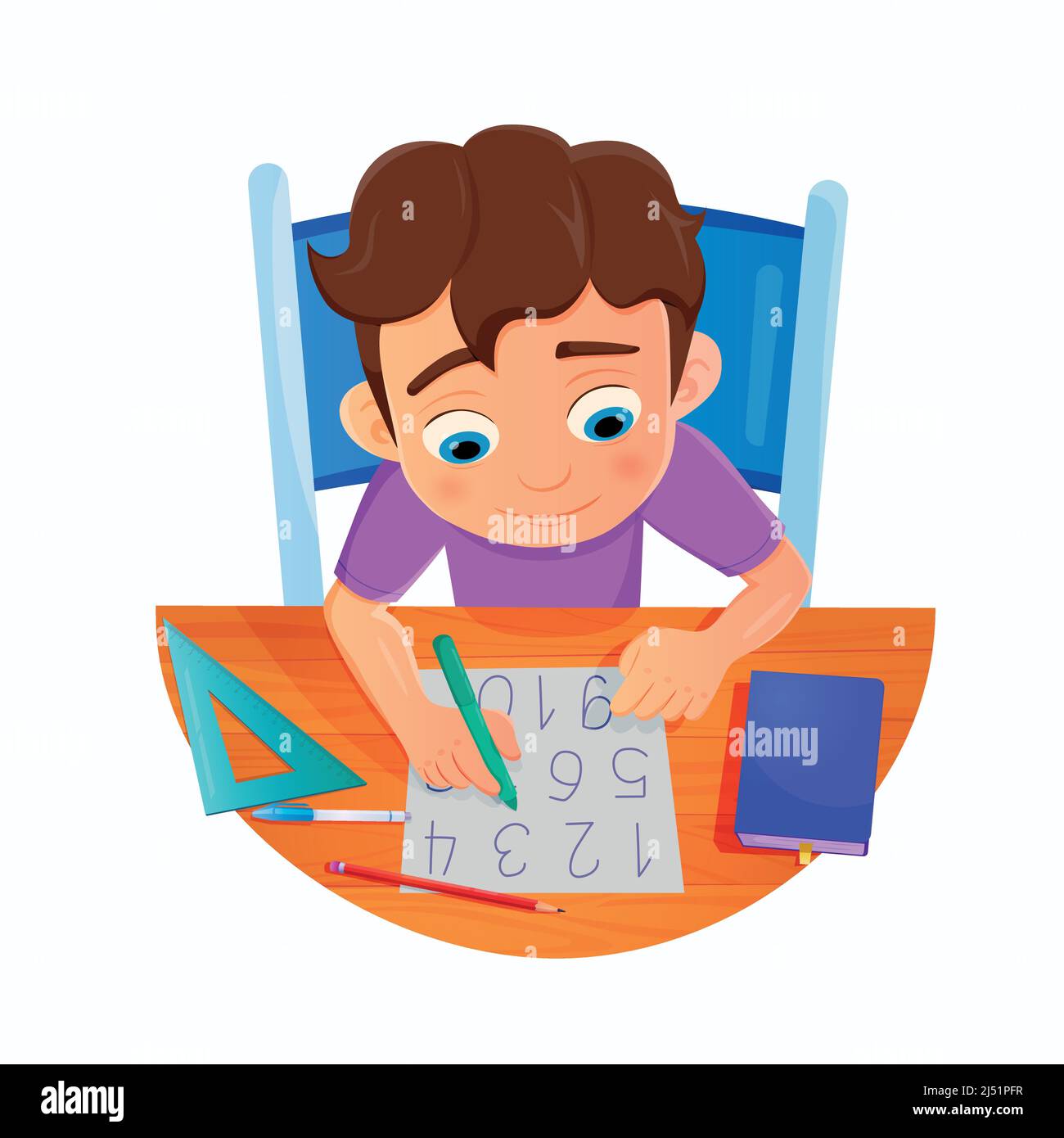 Little boy doing homework by reading and writing numbers on his desk ...