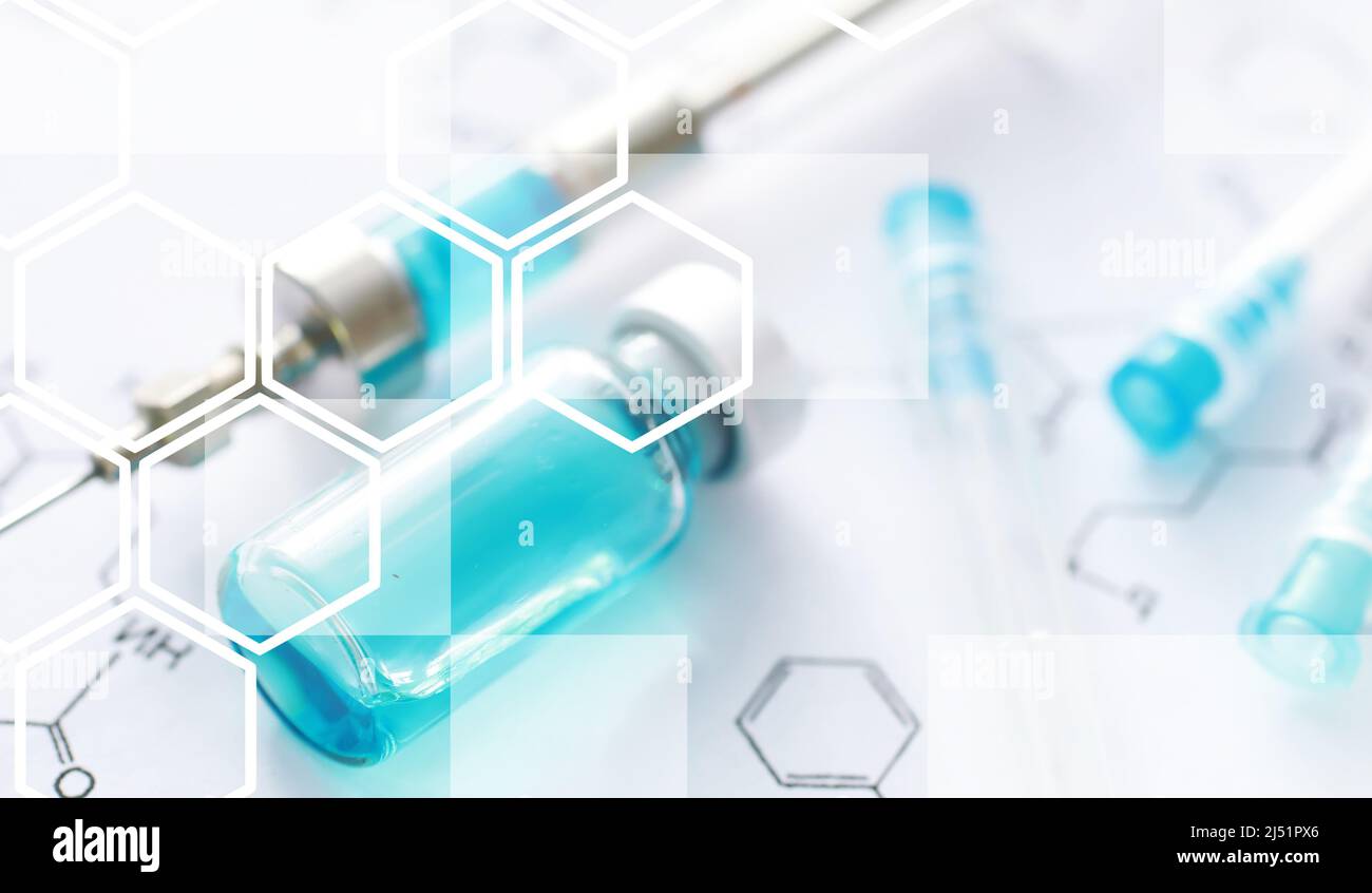 small jars with injection and syringe for injection on blue background ...