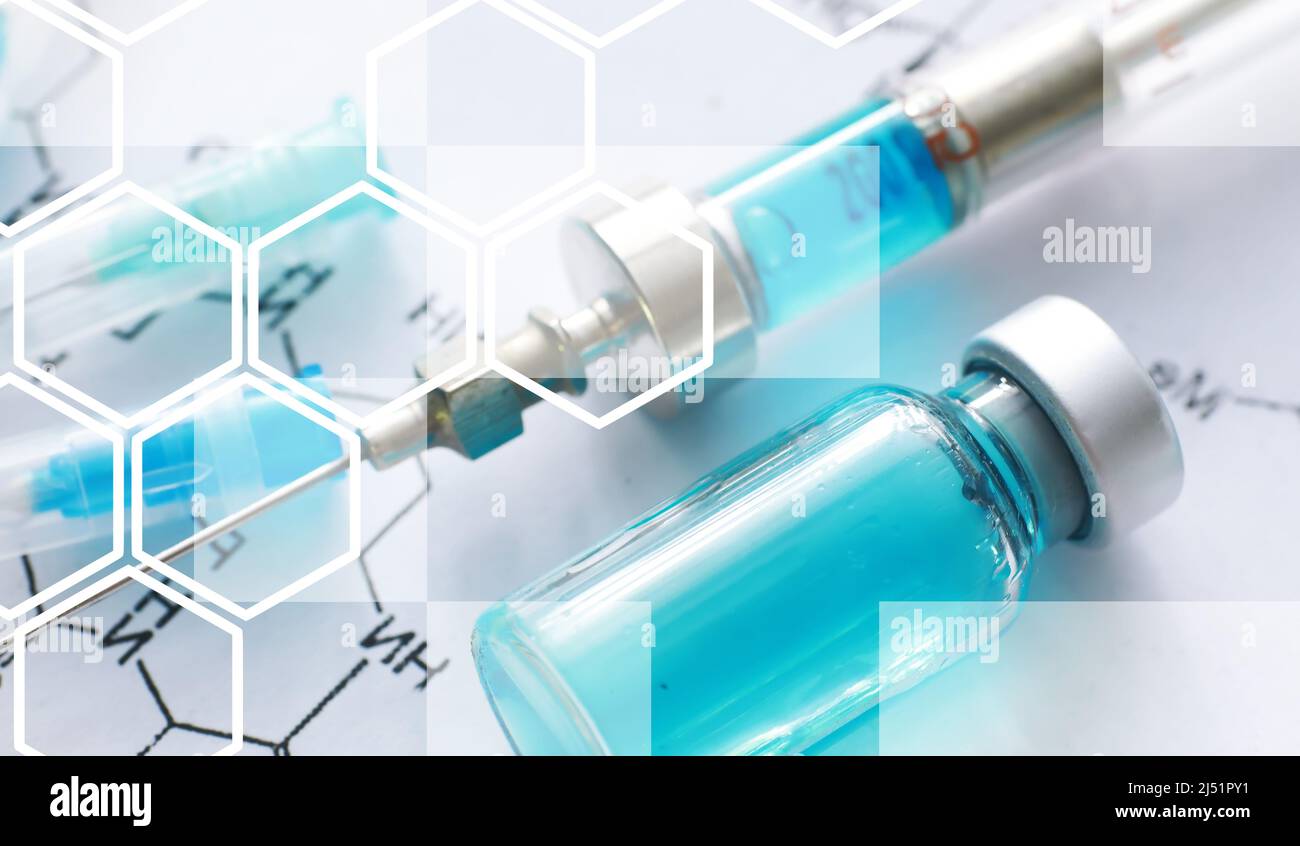 small jars with injection and syringe for injection on blue background ...