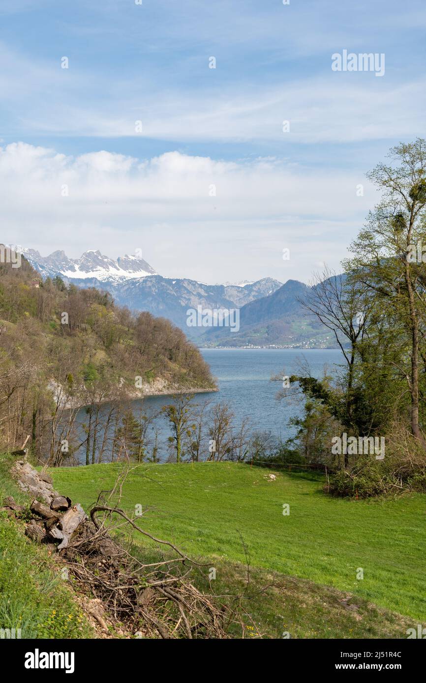 Weesen, Switzerland, April 13, 2022 Fascinating view over the lake ...