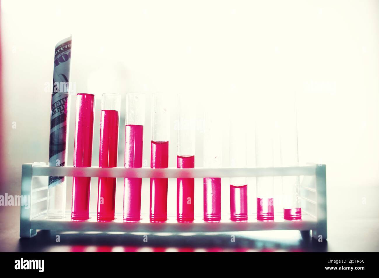 Test tube with blue liquid on laboratory table. Examination of liquid ...