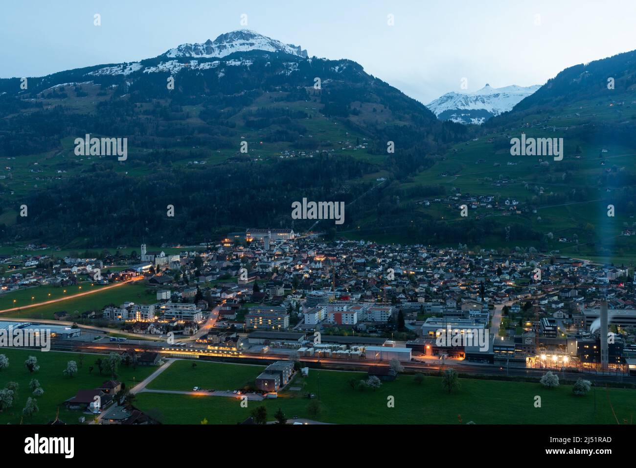Flums, Switzerland, April 13, 2022 Night scenery in the valley with the ...
