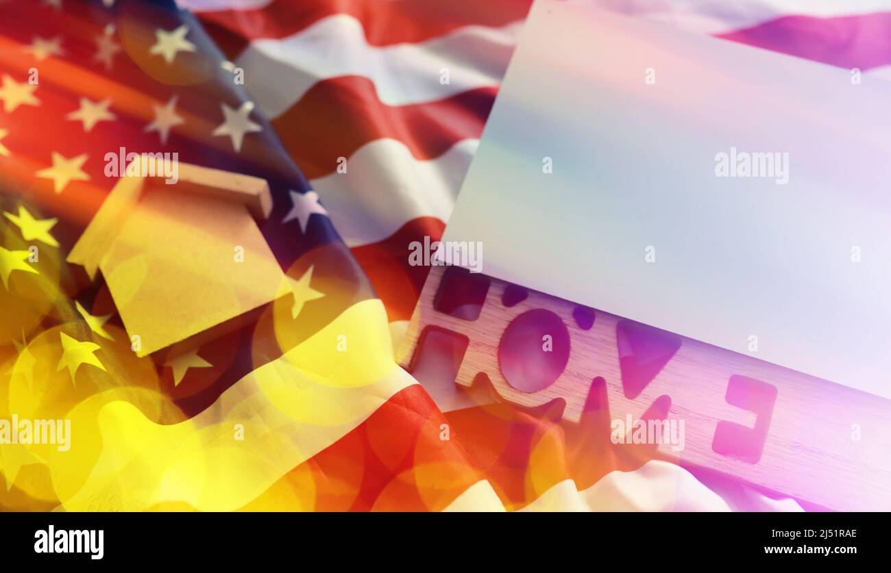 House symbol on American flag. Mortgage credit lending. Housing safety ...
