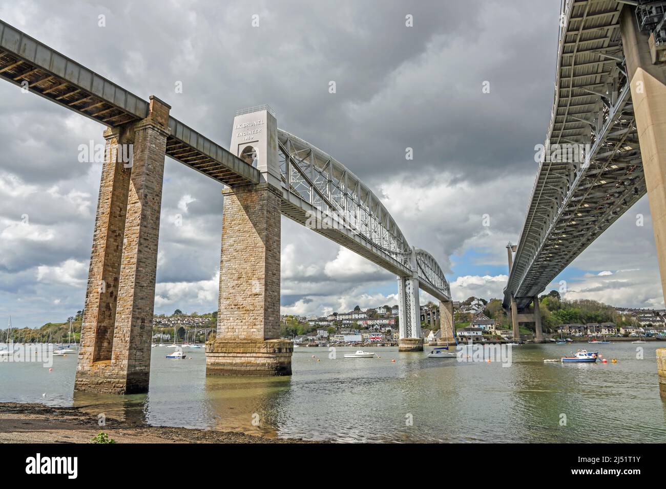 The Royal Albert Bridge and Tamar Road Bridge seen from Saltash Passage ...