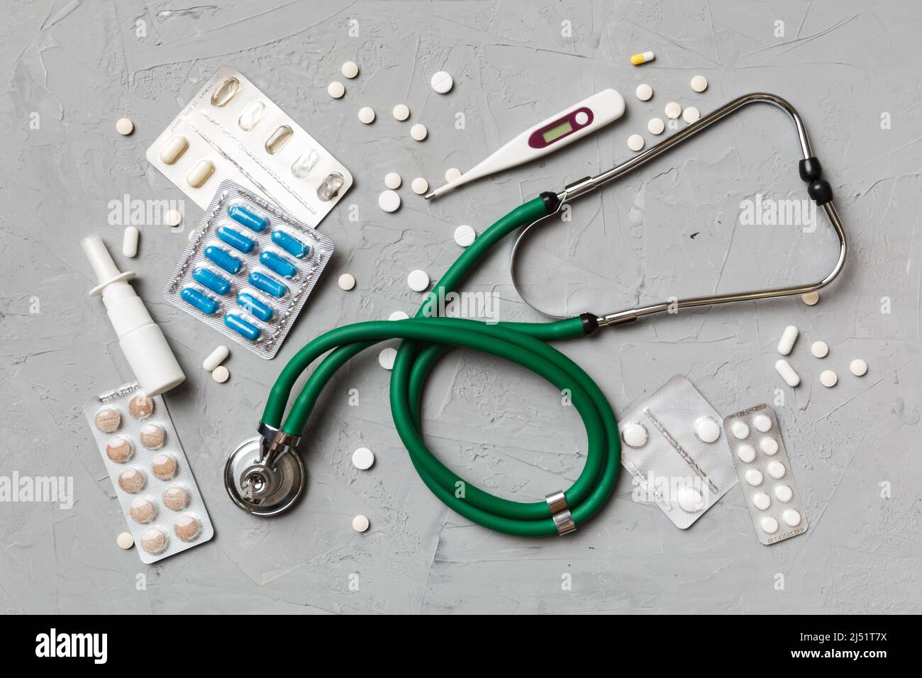 Medical background. Many different various medicine tablets or pills on ...
