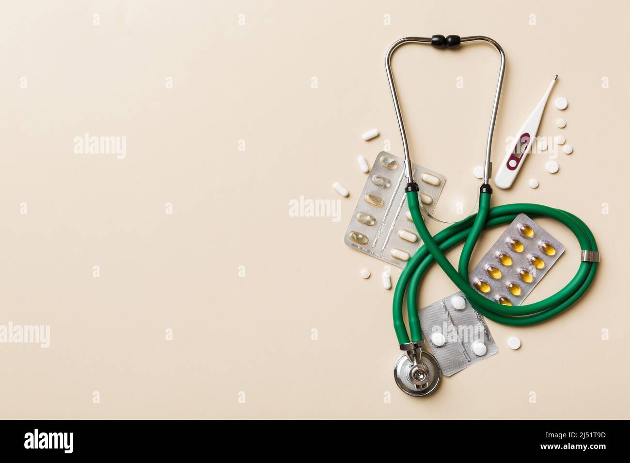 Medical background. Many different various medicine tablets or pills on ...
