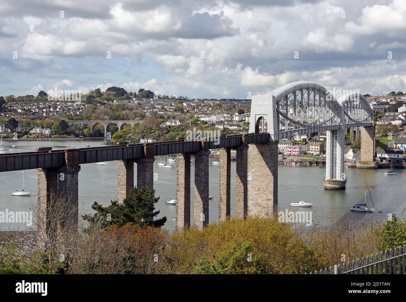 The Royal Albert Bridge crossing the River Tamar, with Saltash as the ...