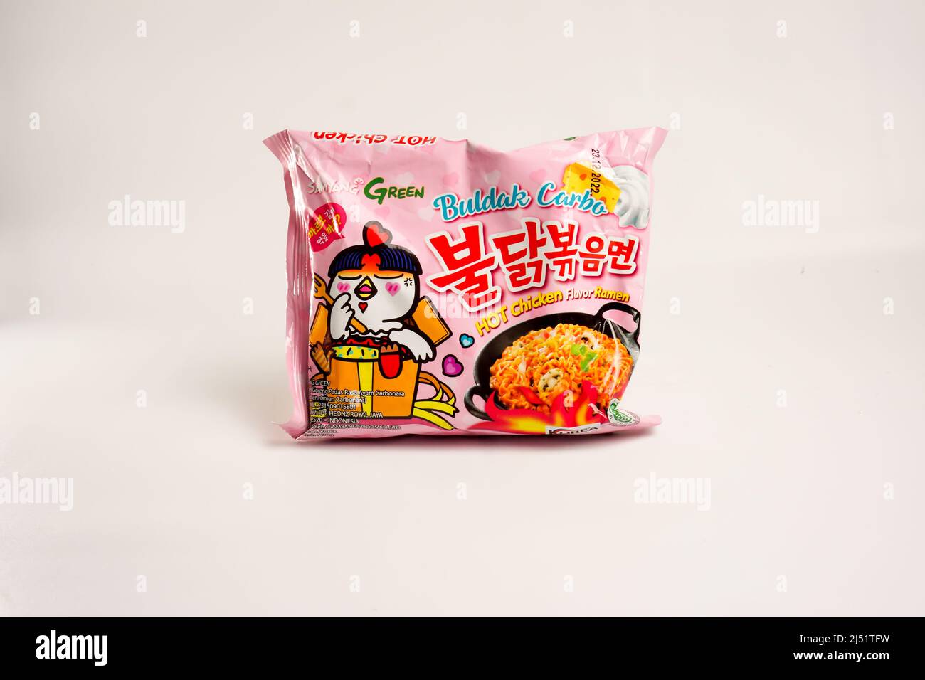 korean spicy Instant noodle samyang pink carbonara flavor Stock Photo ...