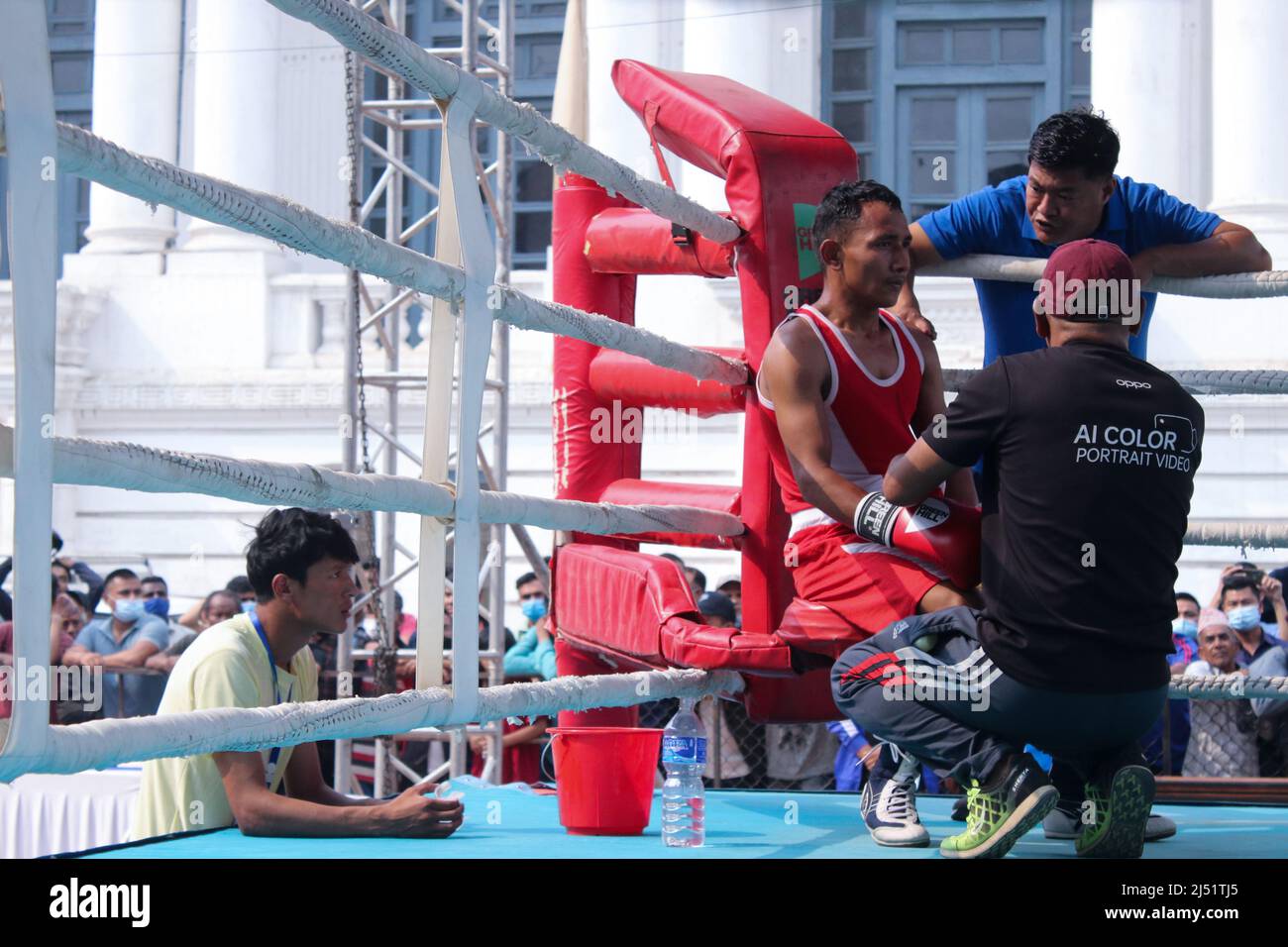 On April.19,2022 in Kathmandu, Nepal. A boxer rest on a ring corner at ...