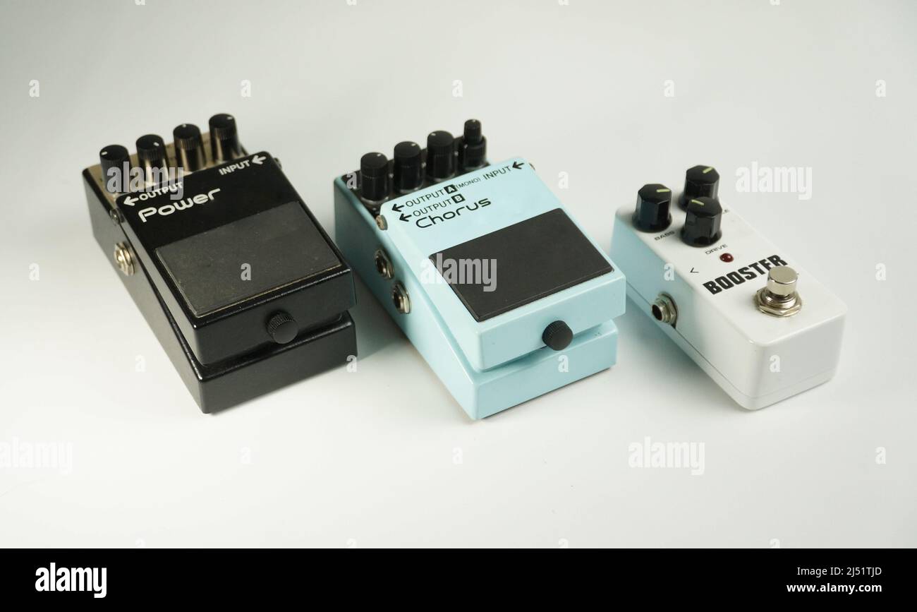 set of pedal effect guitar over drive, modulation, booster Stock Photo ...