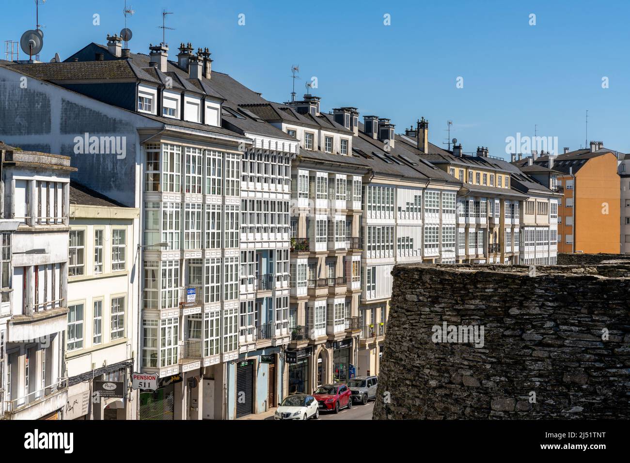 Lugo, Spain - 16 April, 2022: downtown Lugo with typical city apartment ...