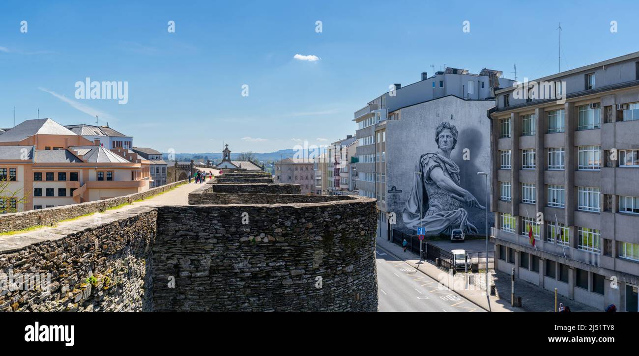 Lugo, Spain - 16 April, 2022: panorama view of the Roman city walls of ...