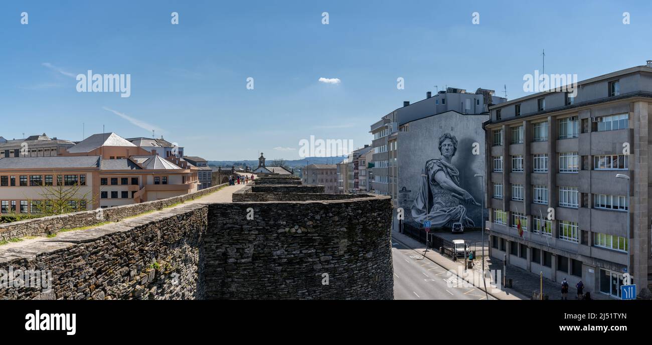 Lugo, Spain - 16 April, 2022: panorama view of the Roman city walls of ...