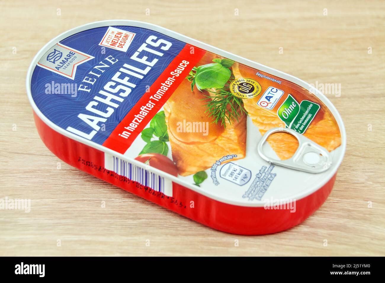 Hamburg, Germany - April 7 2022: Almare Seafood German canned Salmon ...