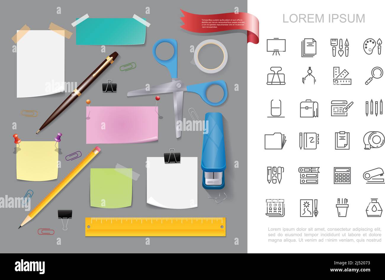 Realistic stationery colorful concept with stapler scissors pen pencil ...