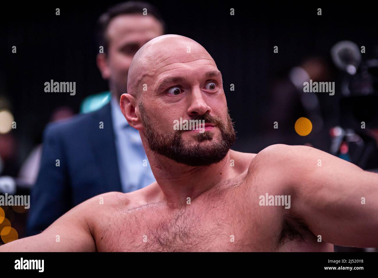 LONDON, ENGLAND - APRIL 19: Tyson Fury hits pads and entertains the ...