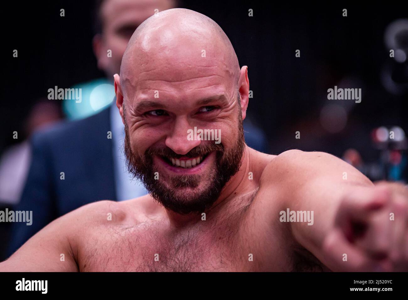 LONDON, ENGLAND - APRIL 19: Tyson Fury hits pads and entertains the ...