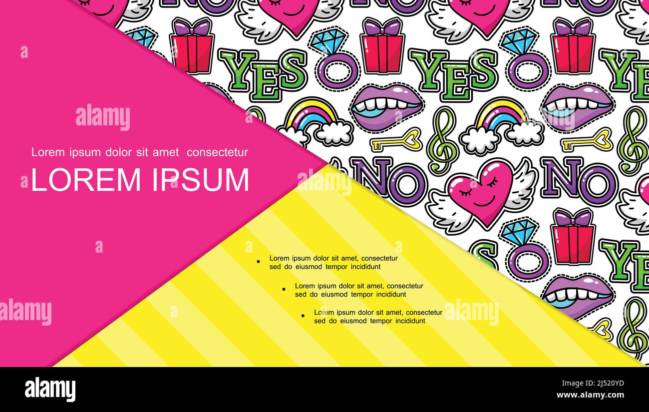 Pop art stickers and patches composition with gift box ring mouth heart ...