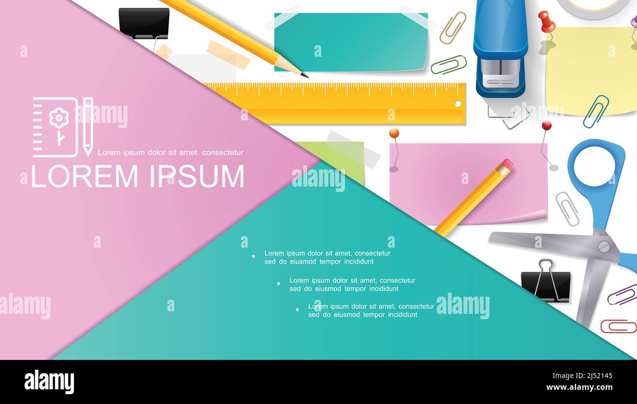 Realistic stationery composition with scissors pencils stapler pushpins ...