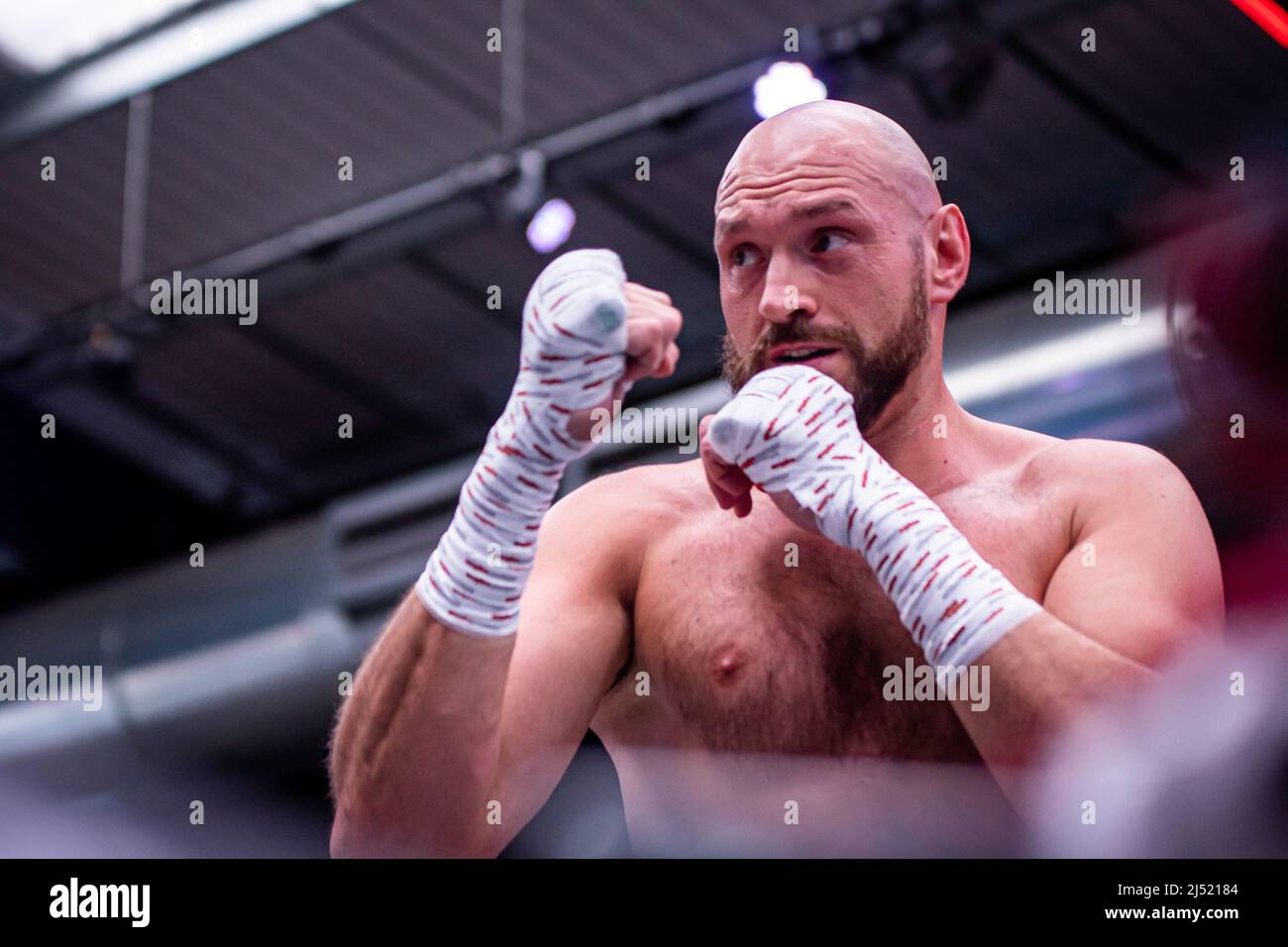LONDON, ENGLAND - APRIL 19: Tyson Fury hits pads and entertains the ...