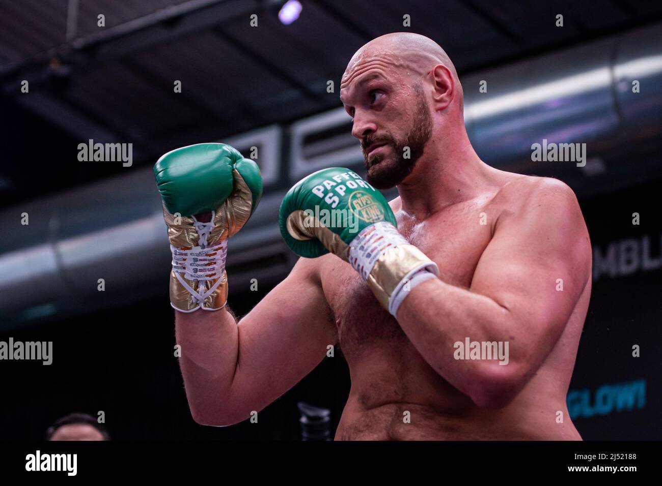 LONDON, ENGLAND - APRIL 19: Tyson Fury hits pads and entertains the ...