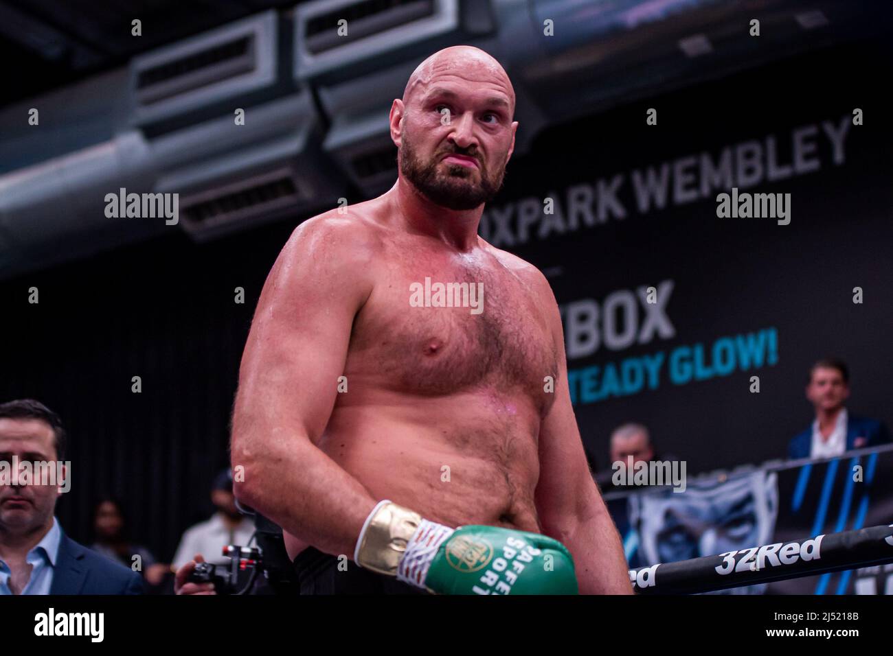 LONDON, ENGLAND - APRIL 19: Tyson Fury hits pads and entertains the ...