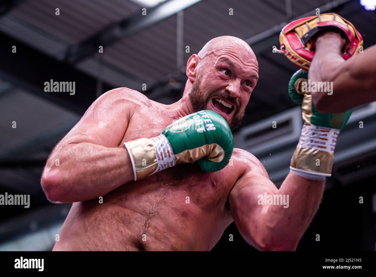 LONDON, ENGLAND - APRIL 19: Tyson Fury hits pads and entertains the ...