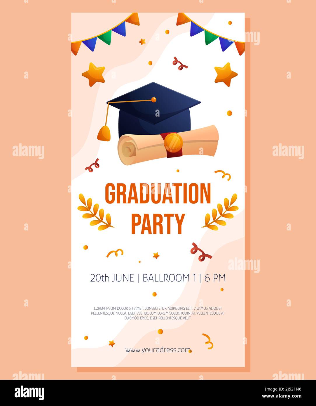 Graduation party vertical banner with garland, script and cap. Vector ...