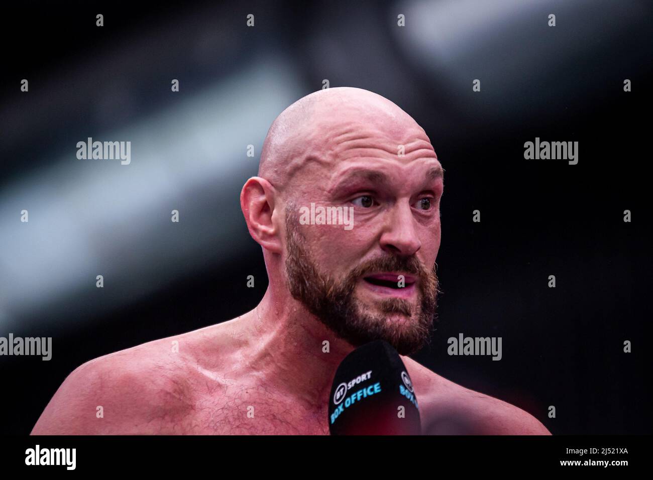 LONDON, ENGLAND - APRIL 19: Tyson Fury hits pads and entertains the ...