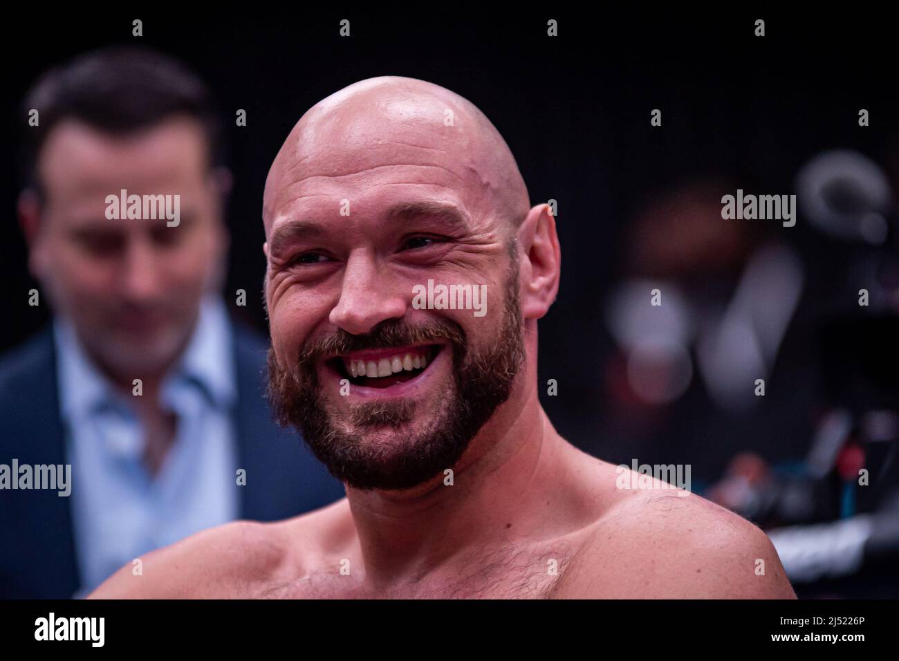 LONDON, ENGLAND - APRIL 19: Tyson Fury hits pads and entertains the ...