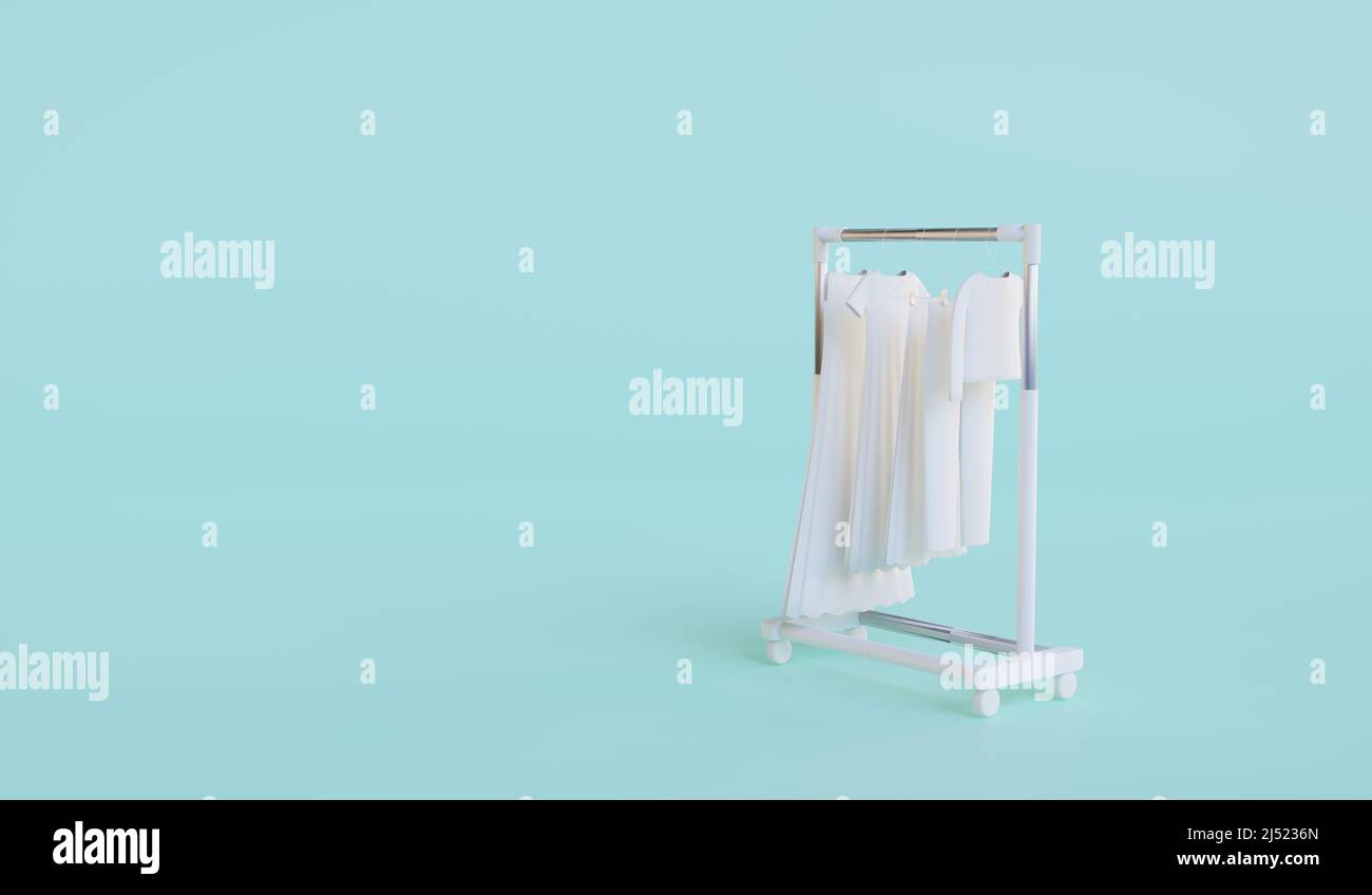 Rolling hanger rack with clothes on mint background. E-commerce or ...