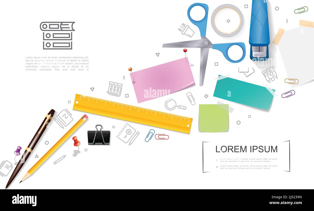 Realistic office stationery template with scissors filled stapler pen ...