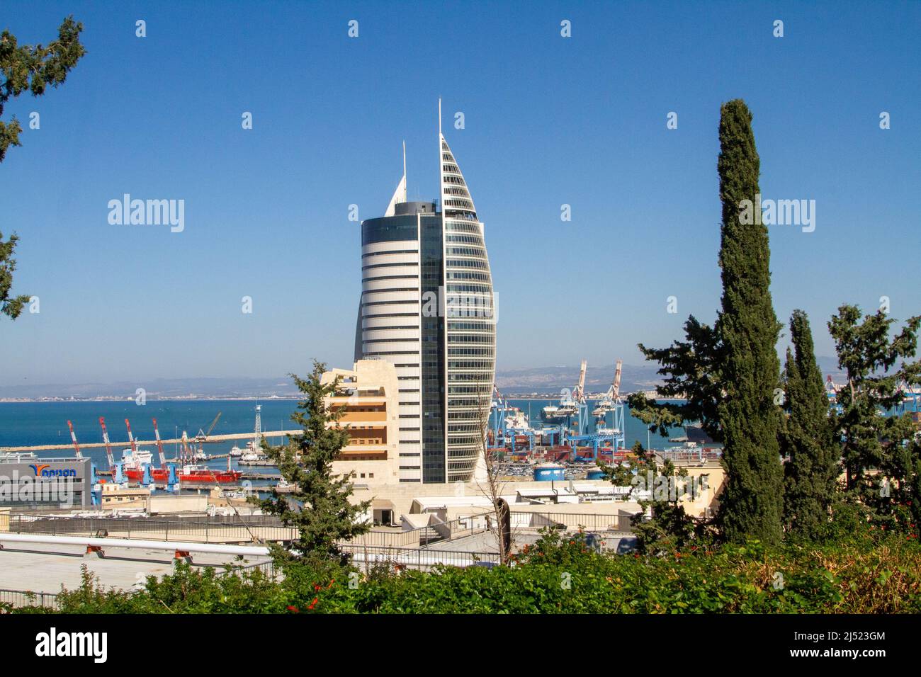 Downtown Haifa and port with the Sail Tower in the foreground Stock ...