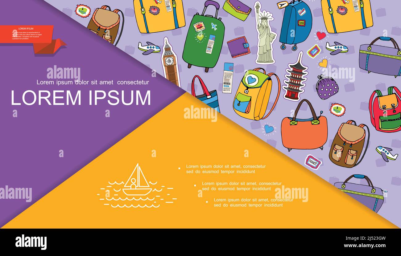 Hand drawn summer travel composition with baggage bags luggage wallet ...