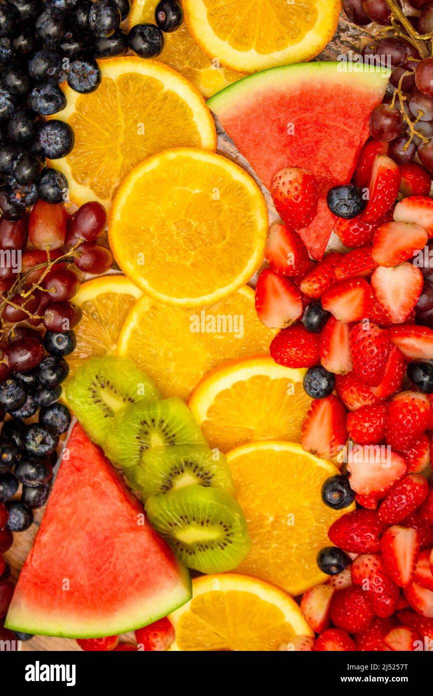 Fresh fruits background, Healthy mix fruits consist of tropical fruit ...