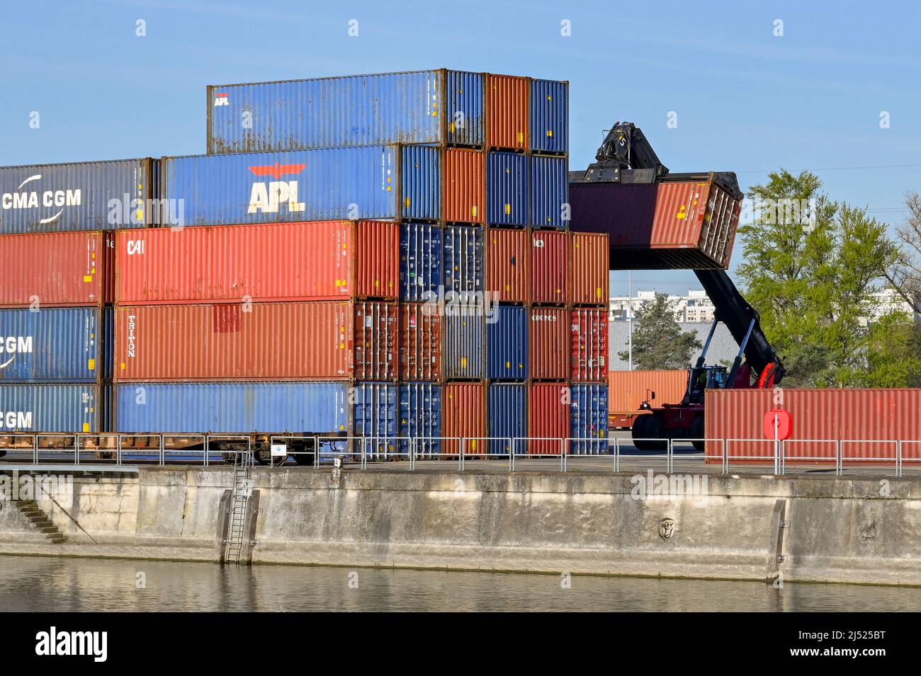 Strasbourg, France - April 2022: Shipping containers stacked up on the ...