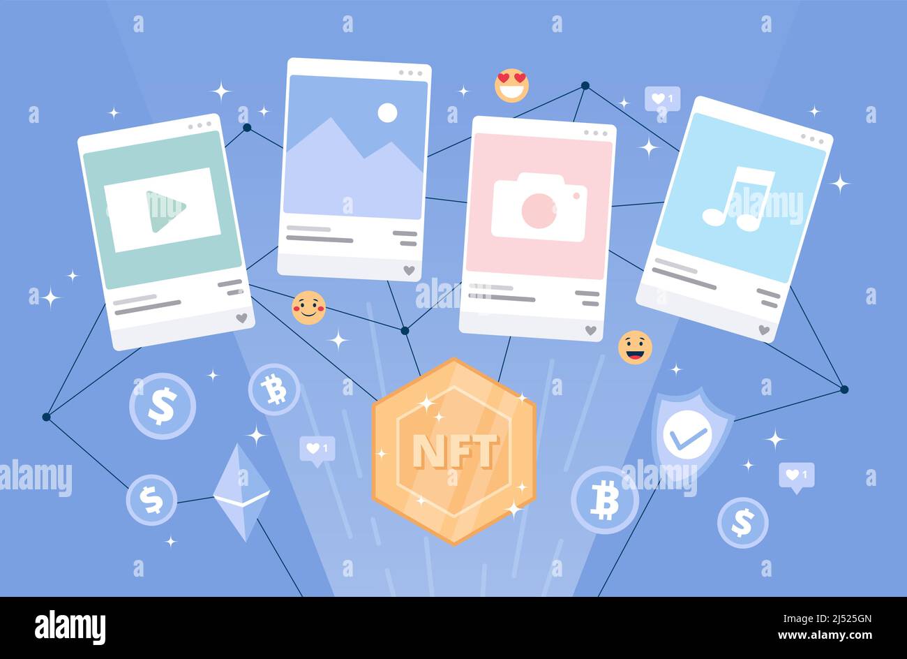 NFT token concept - digital goods trading. Crypto currency icons amd ...