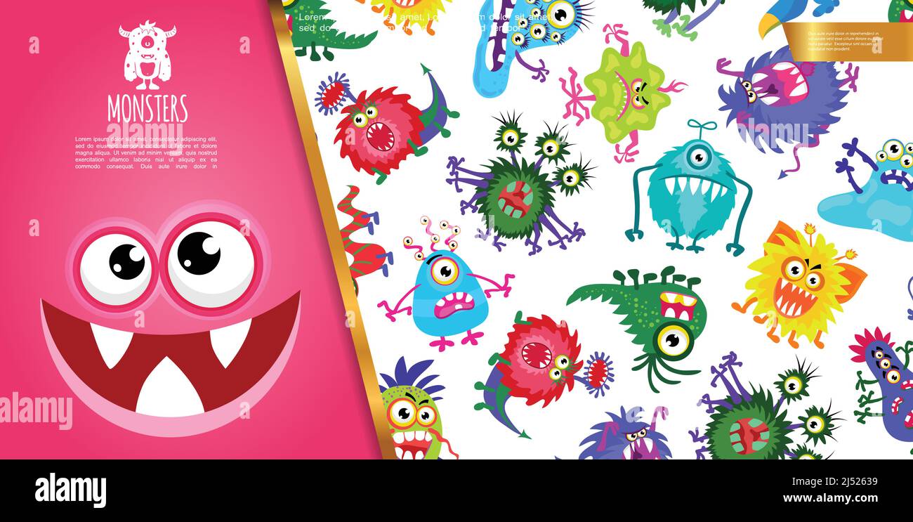 Cartoon funny colorful monsters composition with cute creatures and ...