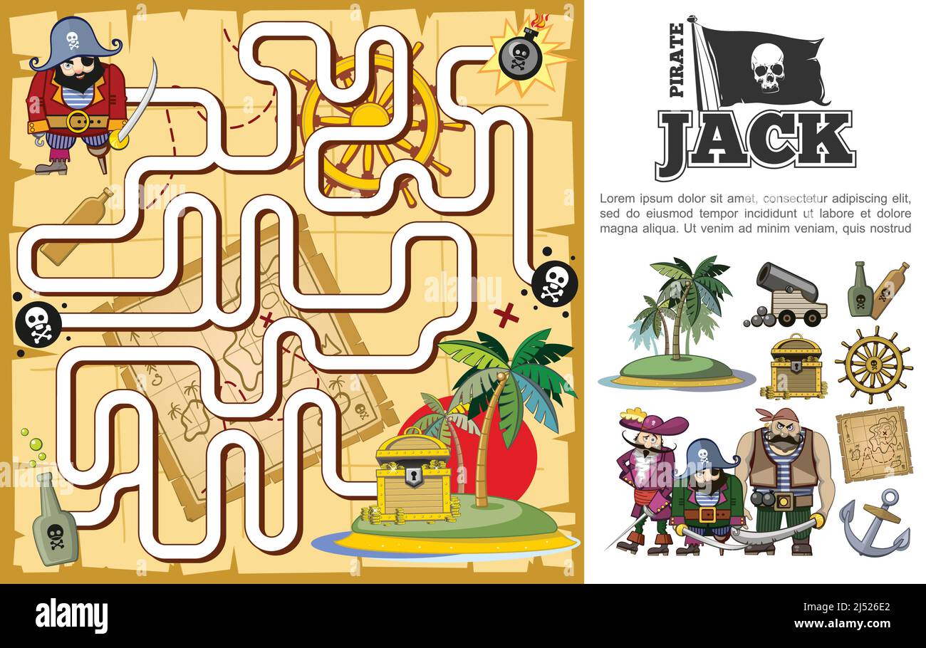 Cartoon pirate treasure hunt maze concept with uninhabited island ...