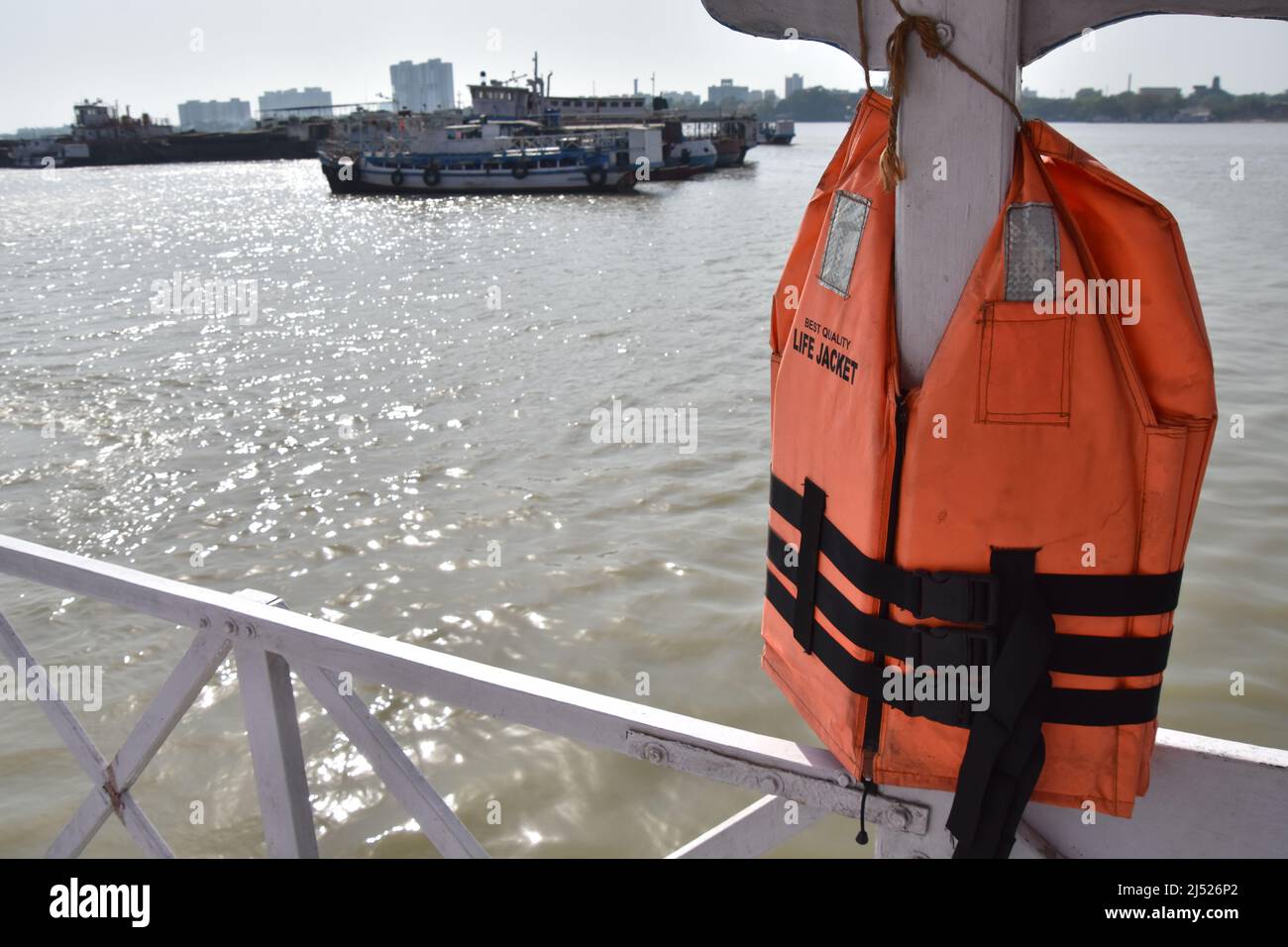Life jacket kept on a daily commuter launch between Ramkrishnapur ghat ...
