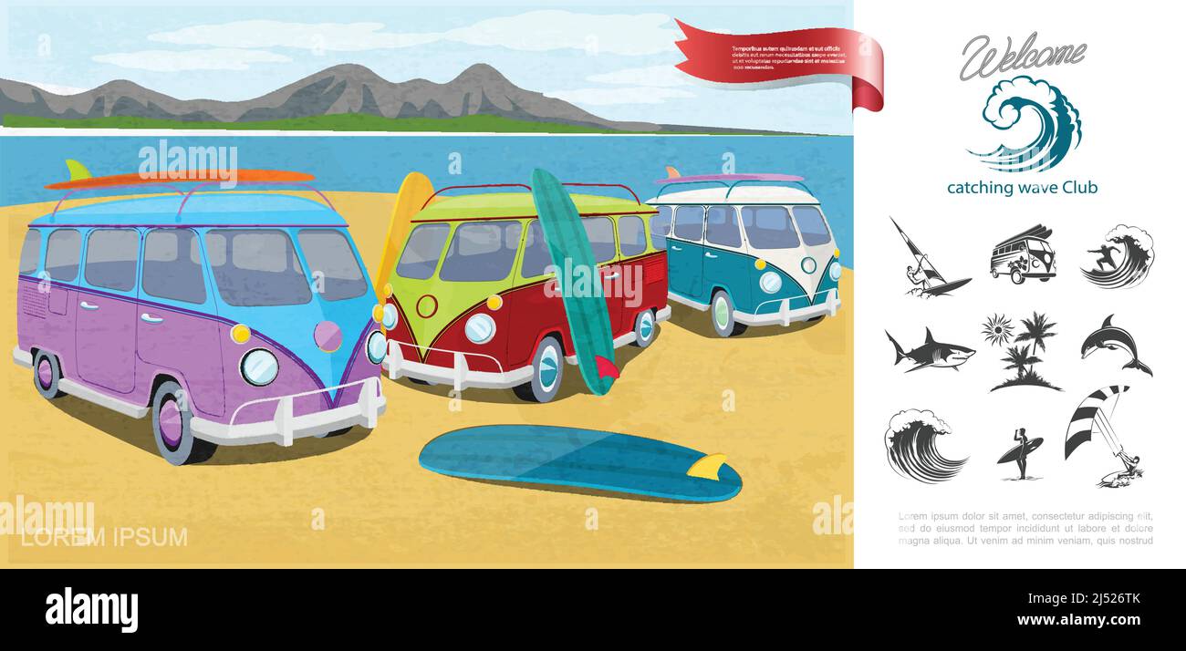 Cartoon surfing sport concept with surf vans near river windsurfing sea ...