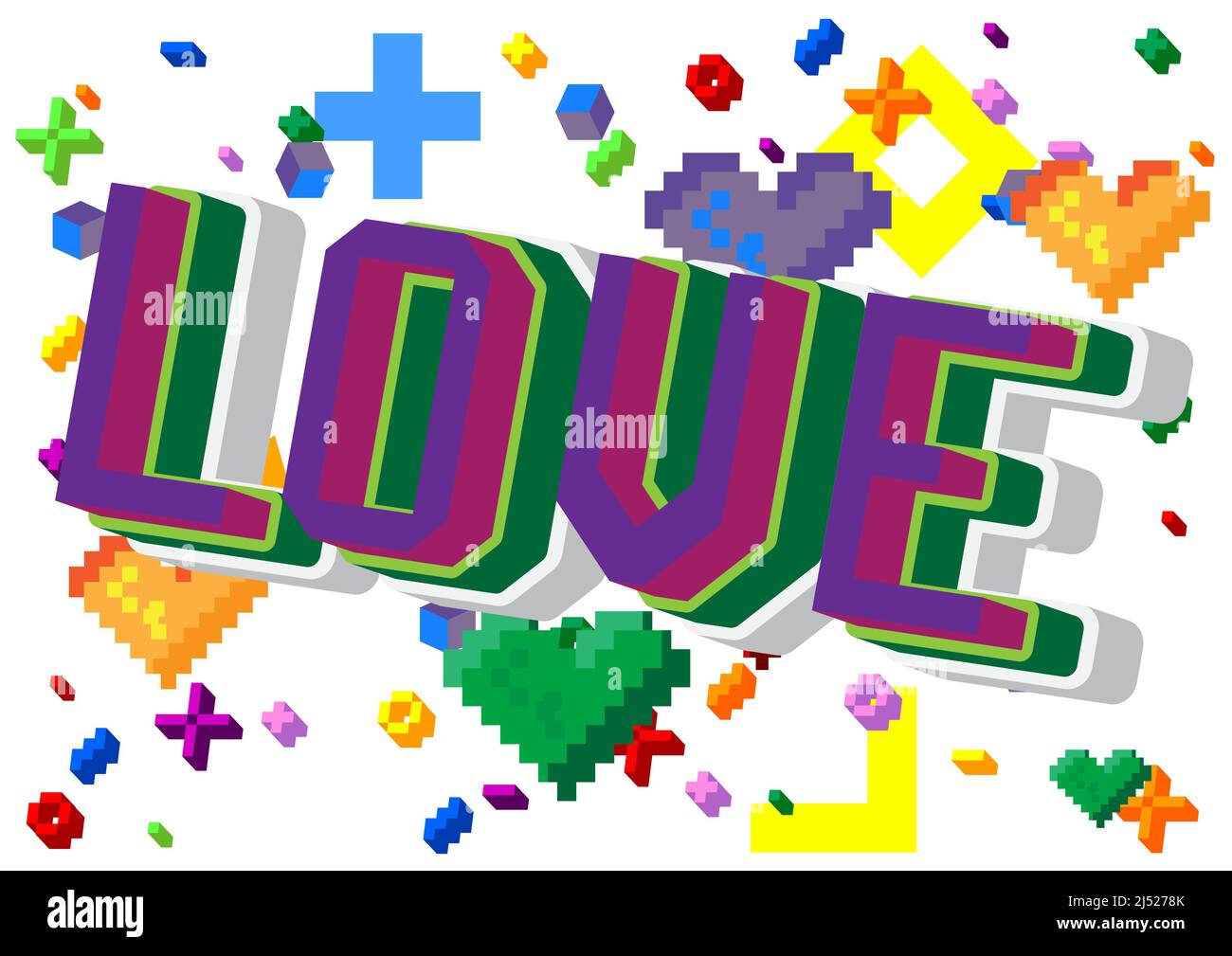 Love pixelated word with geometric graphic background. Vector cartoon ...