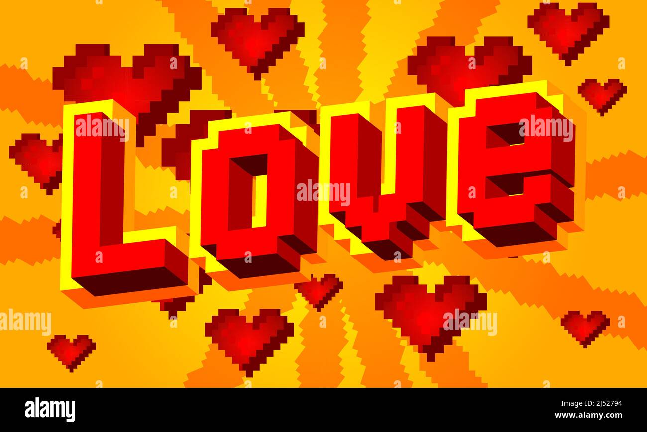 Love pixelated word with geometric graphic background. Vector cartoon ...