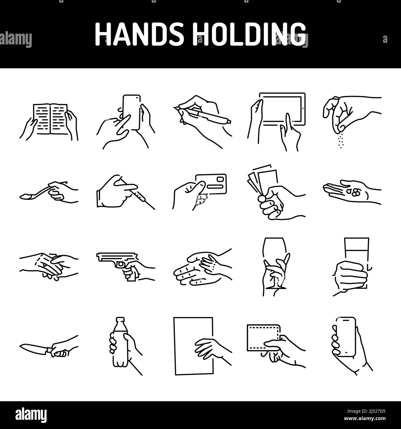 Hands holding line icons set. Isolated vector element. Outline ...